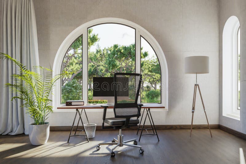 Workplace with Pc Workstation in Front of Large Arched Windows ...