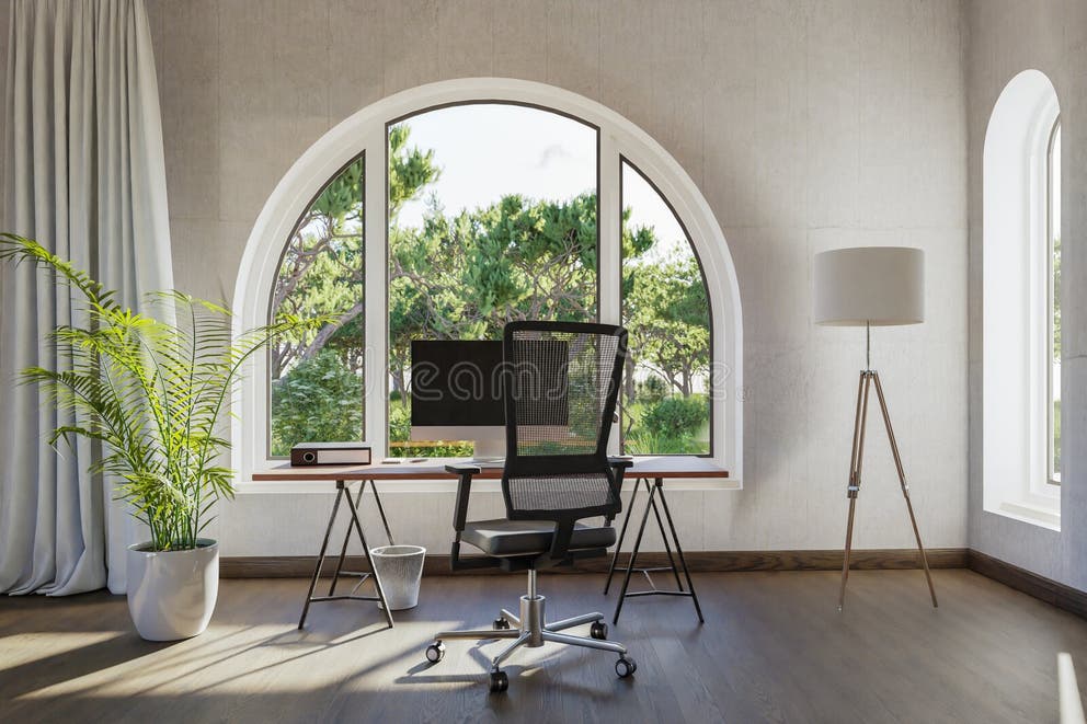 Workplace with Pc Workstation in Front of Large Arched Windows ...