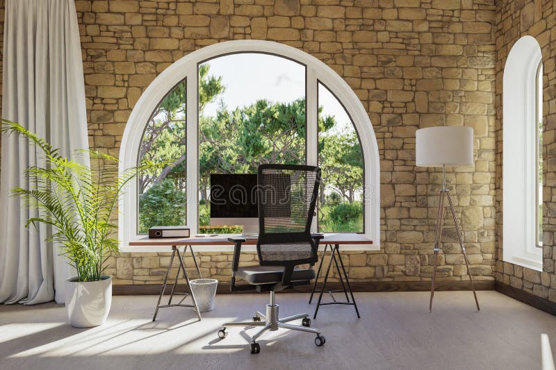 Workplace with Pc Workstation in Front of Large Arched Windows ...