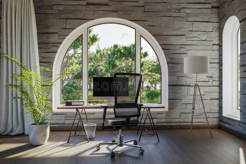 Workplace with Pc Workstation in Front of Large Arched Windows ...
