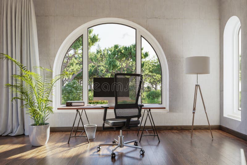 Workplace with Pc Workstation in Front of Large Arched Windows ...