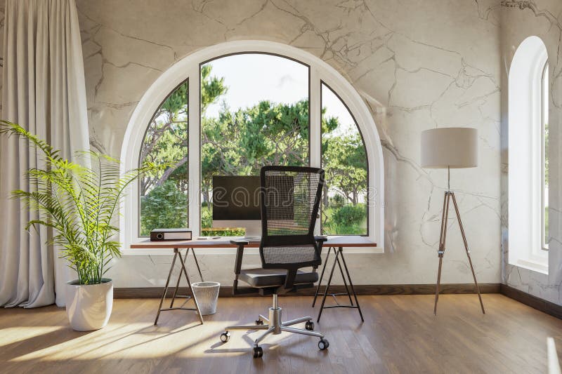 Workplace with Pc Workstation in Front of Large Arched Windows ...