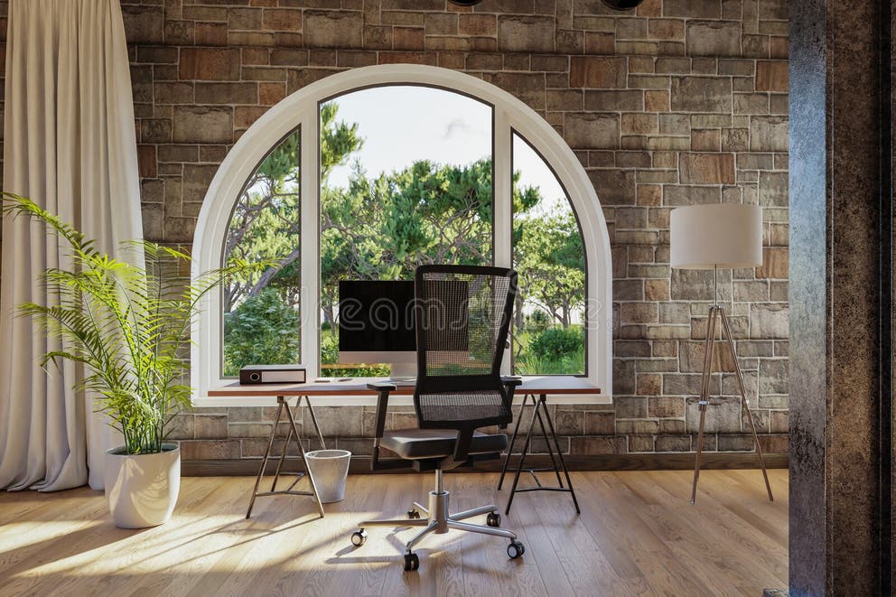 Workplace with Pc Workstation in Front of Large Arched Windows ...