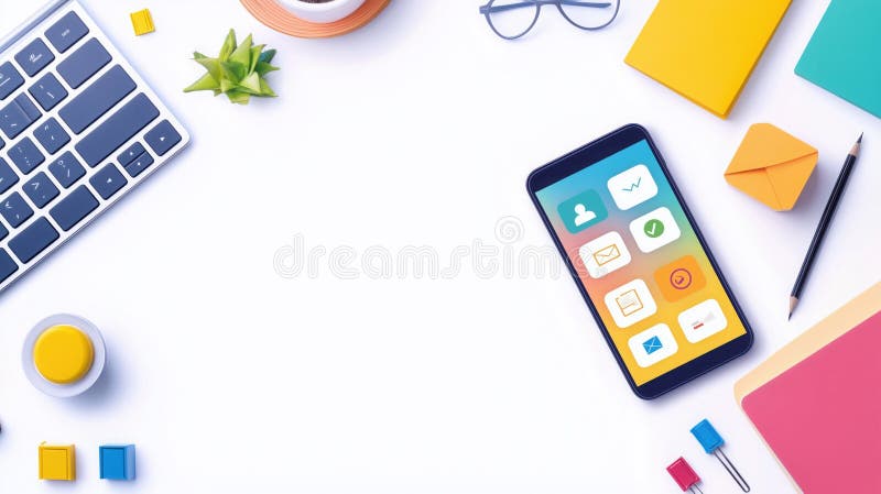 Workplace with Phone with Empty Screen, Top View, Top View of a Mobile ...