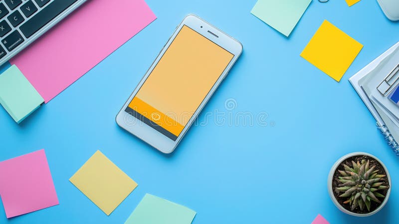 Workplace with Phone with Empty Screen, Top View, Top View of a Mobile ...