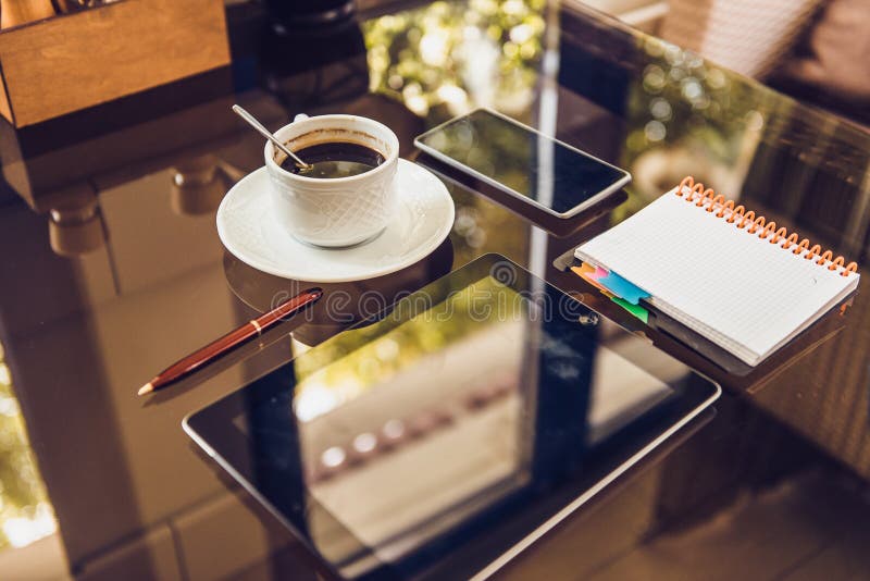 Workplace. Phone, Tablet and Notepad on the Table Stock Image - Image ...