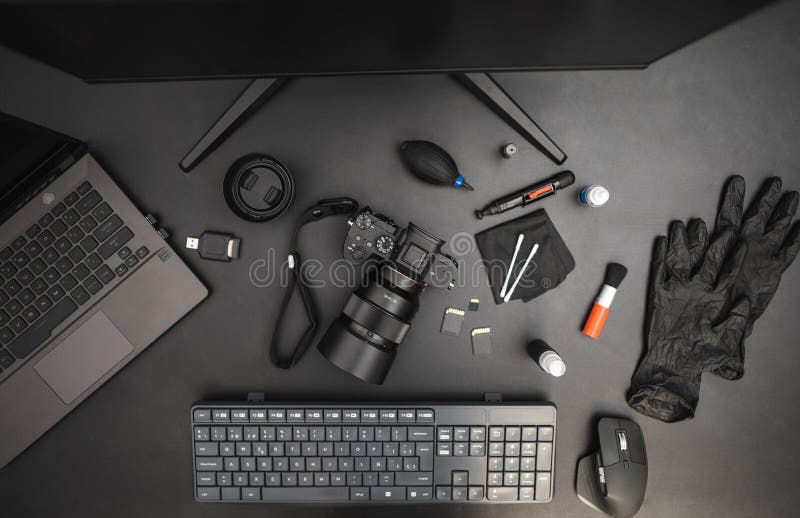 Workplace of Photographer Cleaning Kit with Camera, Brushes, Cleaning ...