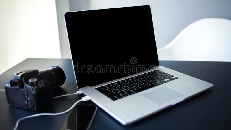 Workplace Photographer and Designer, Laptop with Camera and Smartphone ...