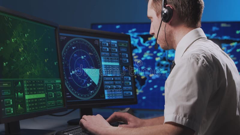 Professional Air Traffic Controller in the Control Tower. Aircraft ...