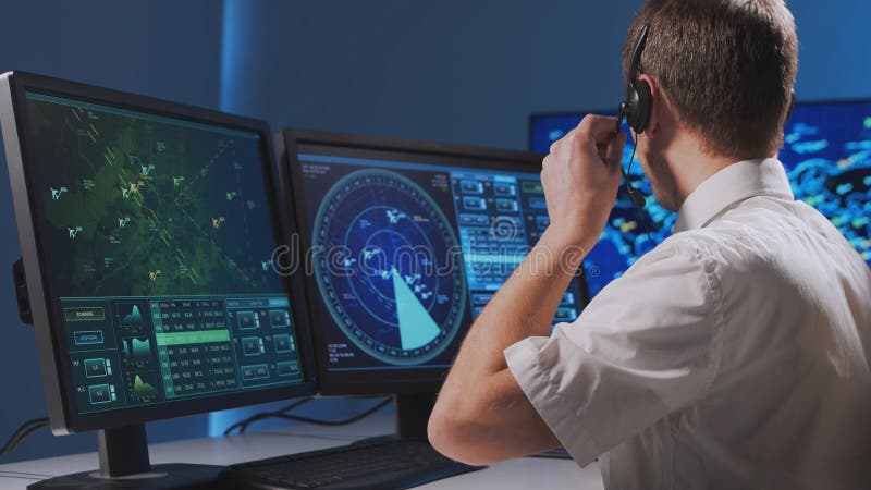 Workplace of the Air Traffic Controllers in the Control Tower. Team of ...