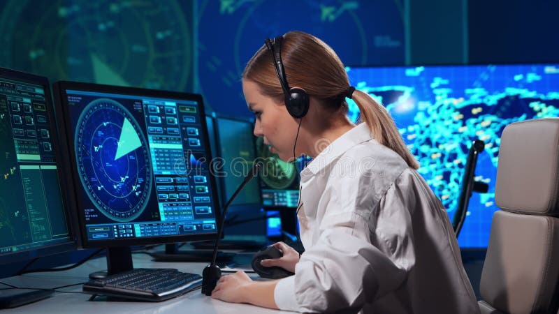Professional Air Traffic Controller in the Control Tower. Aircraft ...