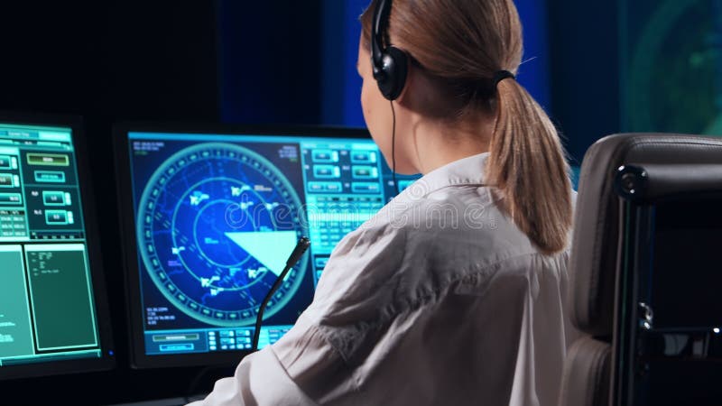 Workplace of the Air Traffic Controllers in the Control Tower. Team of ...