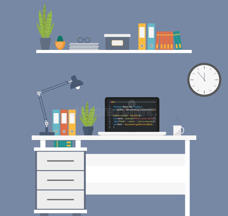 Laptop on Table with Green Flower Stock Vector - Illustration of ...