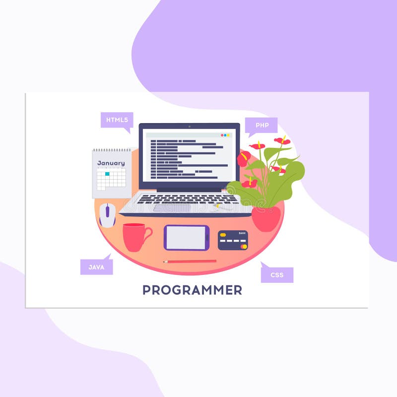 Workplace Of Programmer Or Coder Vector Illustration Programmer Coding A New Project Using