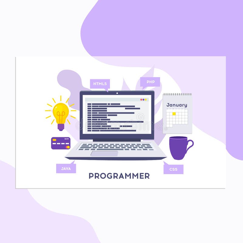 Workplace Of Programmer Or Coder Vector Illustration Programmer Coding A New Project Using