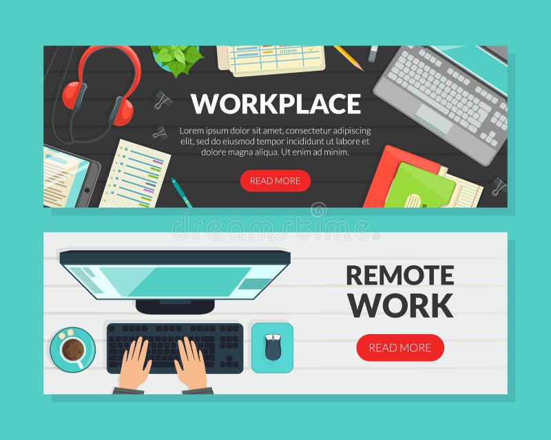 Workplace, Remote Work Landing Page Templates Set, Top View of Working ...