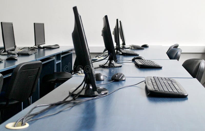 Workplace Room with Computers in Row Stock Photo - Image of closeup ...