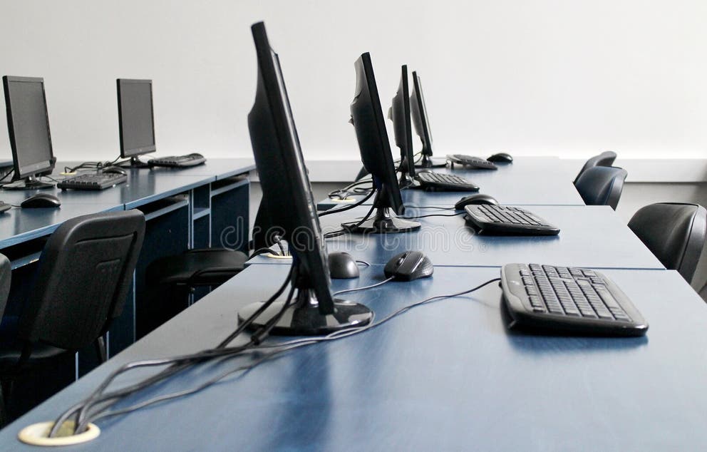 Workplace Room with Computers in Row Stock Photo - Image of closeup ...