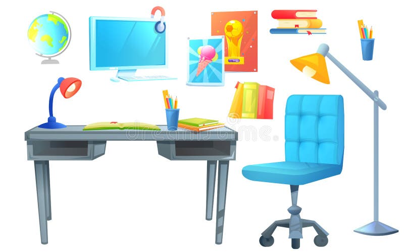 Workplace Room Interior Design Set Object. Workplace with Desk and Pc ...