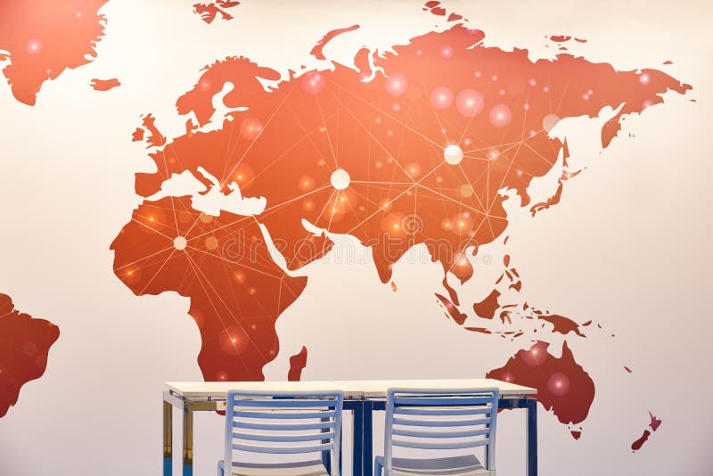 Workplace Room with Table, Chairs and World Map Stock Image - Image of ...
