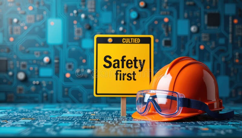 Workplace Safety Sign, Orange Hard Hat, Safety Goggles Placed on ...