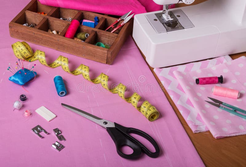 The Workplace of Seamstress. Cut-outs of Colorful Fabrics, Accessories ...