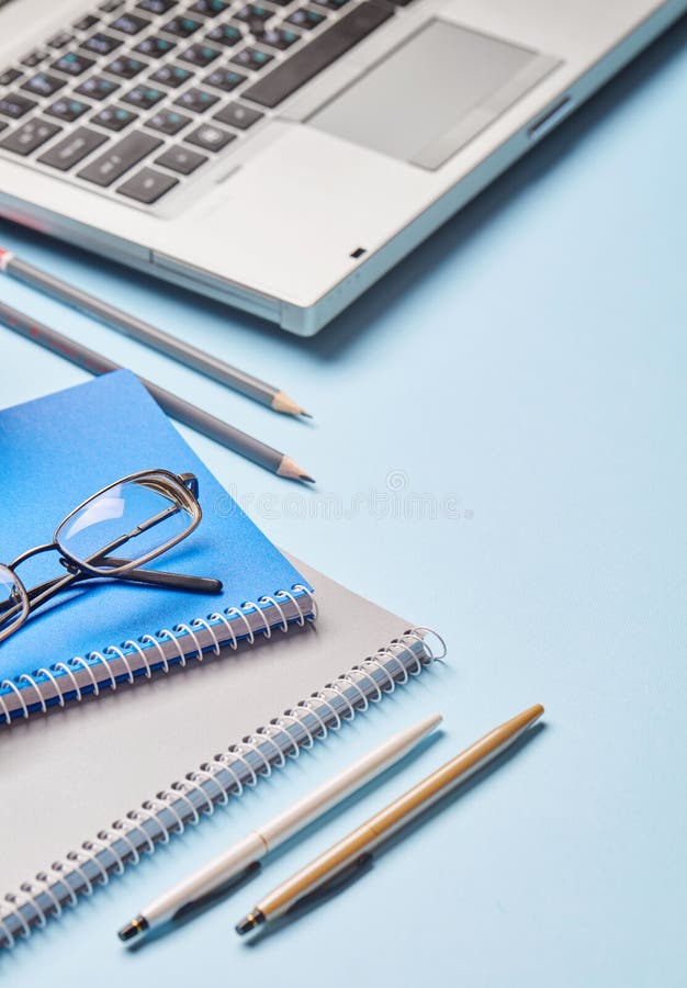 Workplace of the Secretary - Notebook, Pen, Sharpener and Loptop Stock ...