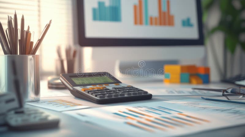 Workplace Setup with Calculator, Documents, and Charts in Modern Office ...