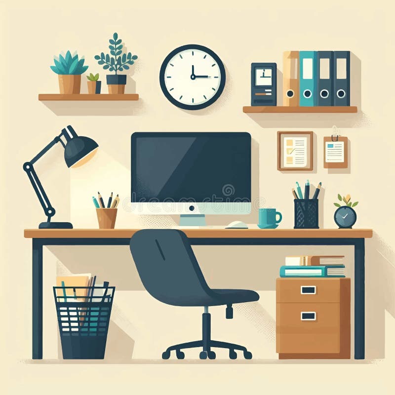 Workplace Setup with Computer and Office Supplies Stock Illustration ...