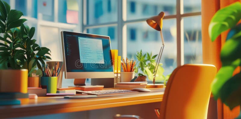 Workplace Setup Includes Desk, Lamp and Computer for an Office Space ...