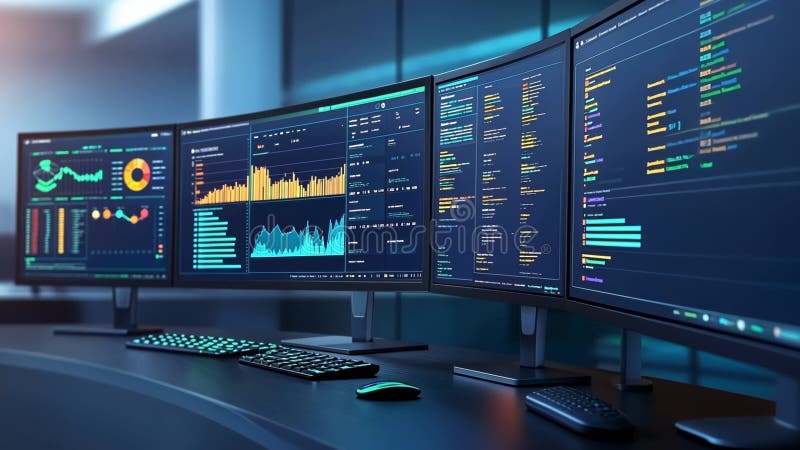 Workplace Showing Programming Code And Statistics On Multiple Curved Monitors Stock Footage