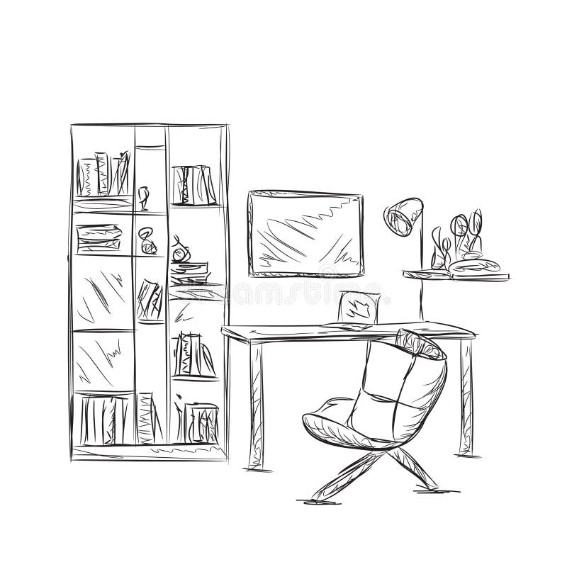 Workplace Sketch in Office or Home. Stock Vector - Illustration of ...