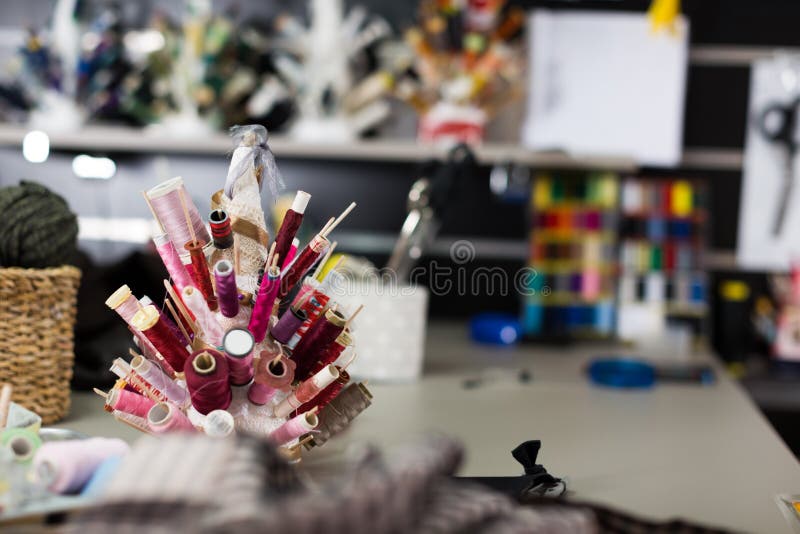 Workplace with Spool of Threads in Sewing Shop of Variety Clothes ...