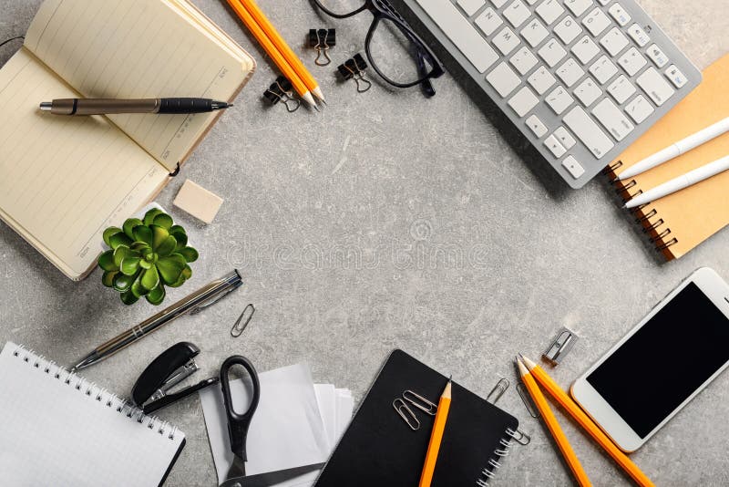 Workplace with Stationery, Keyboard and Phone on Table. Top View Stock ...