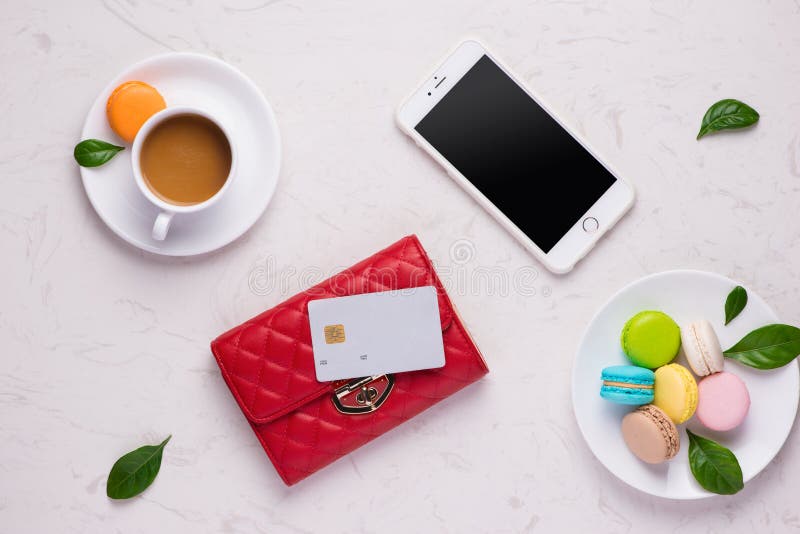 Workplace with Stylish Red Leather Wallet and Smartphone Stock Photo ...