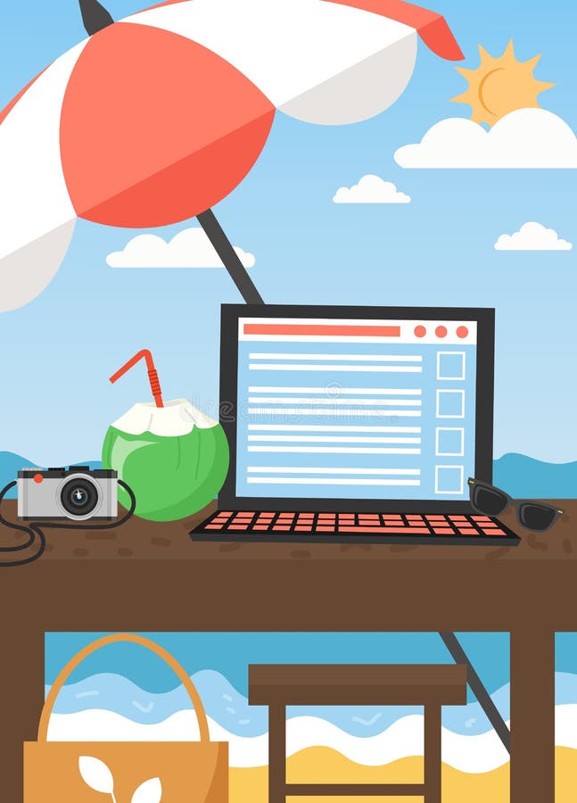 Workplace on Summer Tropical Beach Vector Flat Illustration Stock ...