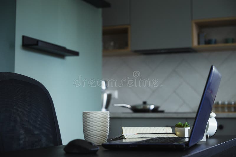 Home Office Workplace at the Kitchen, Remote Work Stock Photo - Image ...