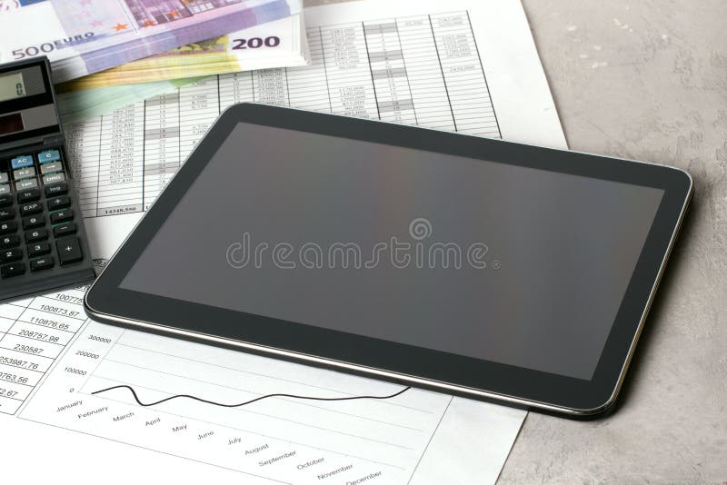 Workplace with Tablet and Stock Charts. Accountant Work Table Stock ...