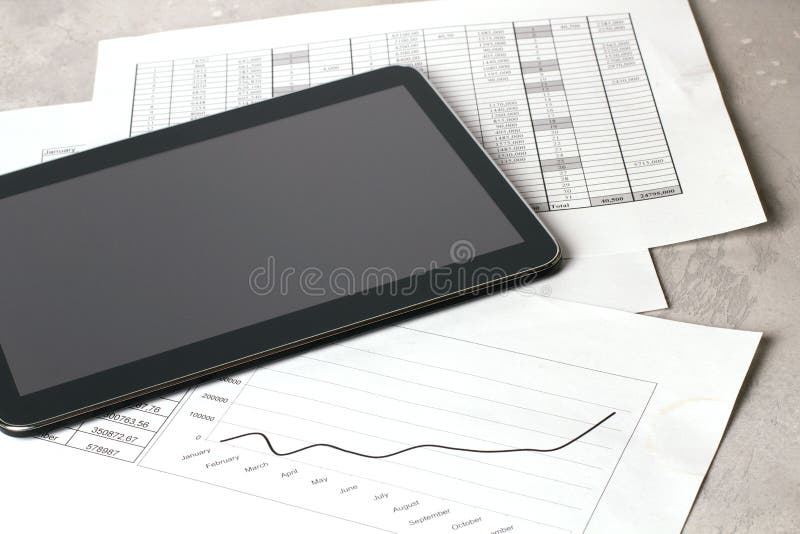 Workplace with Tablet and Stock Charts. Accountant Work Table Stock ...