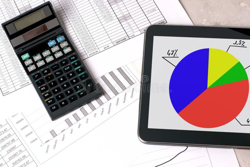Workplace with Tablet and Stock Charts. Accountant Work Table Stock ...