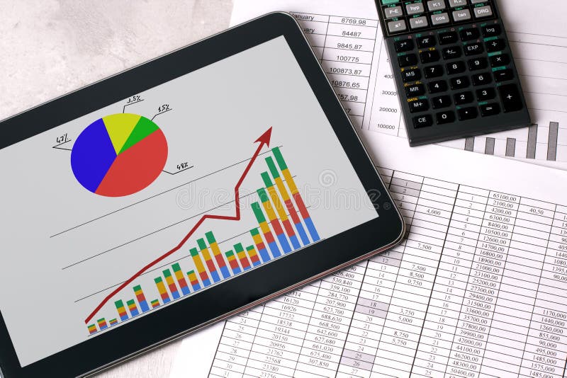 Workplace with Tablet and Stock Charts. Accountant Work Table Stock ...