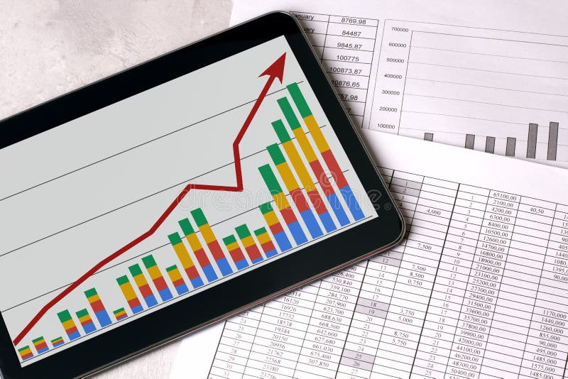 Workplace with Tablet and Stock Charts. Accountant Work Table Stock ...