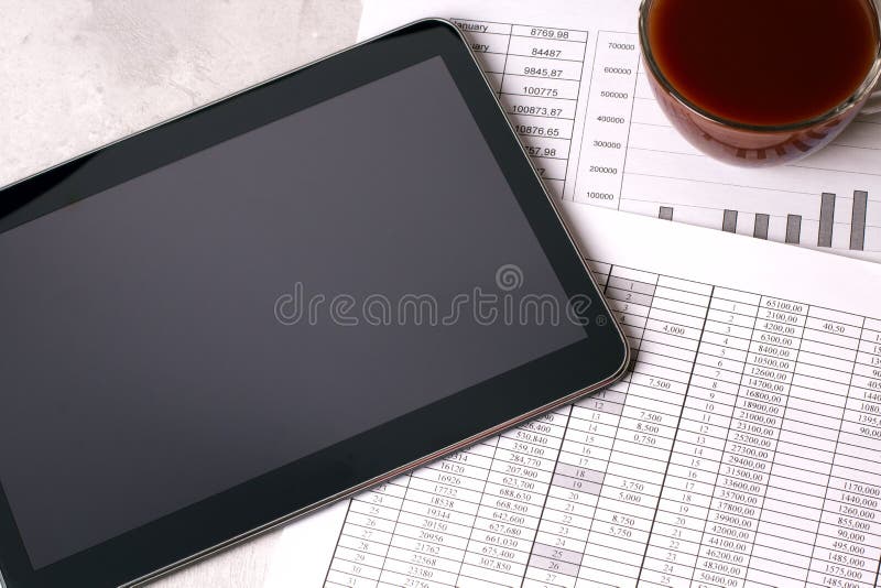 Workplace with Tablet and Stock Charts. Accountant Work Table Stock ...