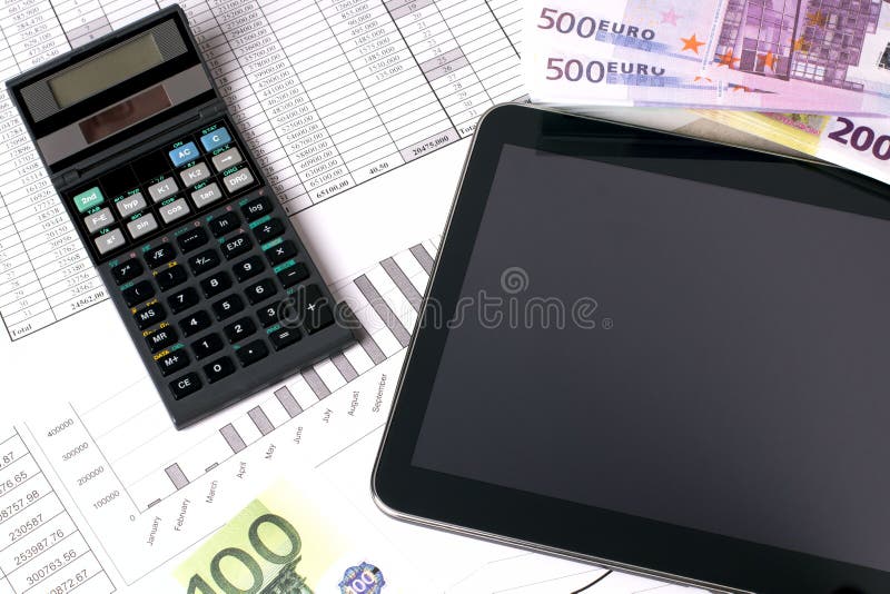 Workplace with Tablet and Stock Charts. Accountant Work Table Stock ...