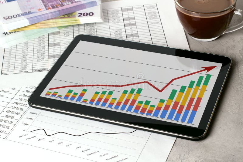 Workplace with Tablet and Stock Charts. Accountant Work Table Stock ...