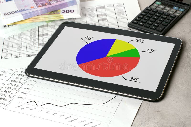 Workplace with Tablet and Stock Charts. Accountant Work Table Stock ...