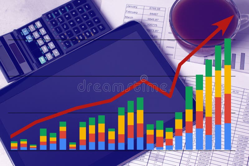 Workplace with Tablet and Stock Charts. Accountant Work Table Stock ...