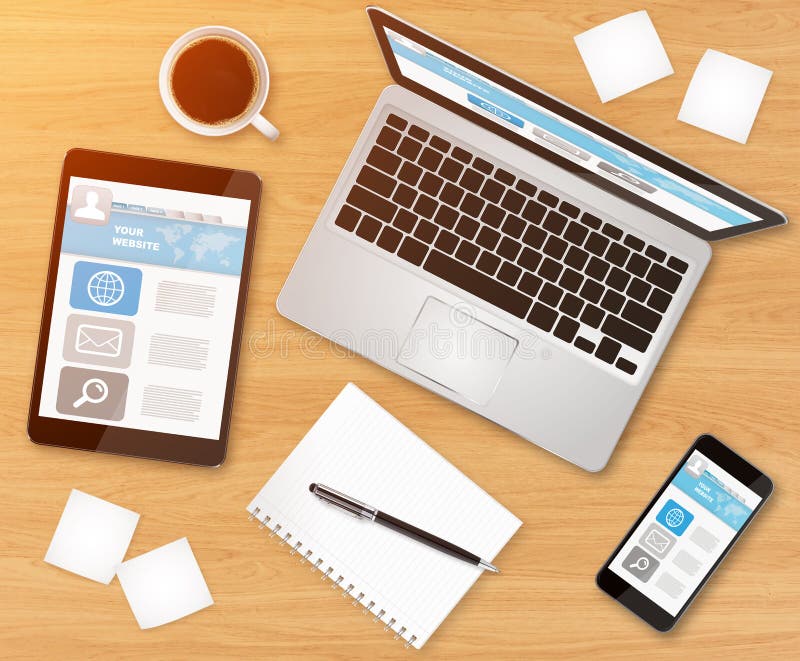 Workplace with tech device stock illustration. Illustration of device ...