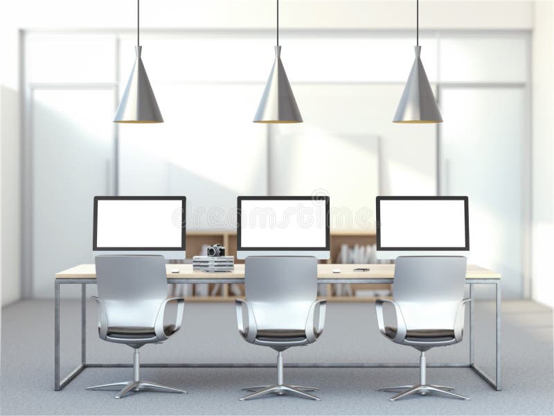 Workplace with Three Computers Stock Illustration - Illustration of ...