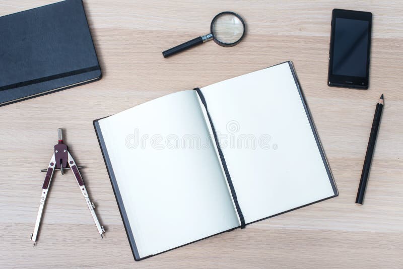 Workplace Top View. Notebook on Wooden Table Stock Image - Image of ...